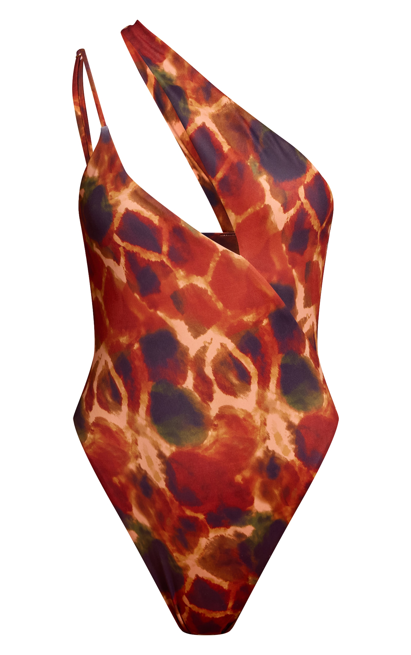 Rust Giraffe Print Asymmetric Swimsuit | Swimwear | PrettyLittleThing USA