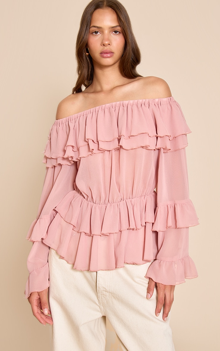 Pale Pink Chiffon Tiered Ruffle Bardot Top | Tops | PLT