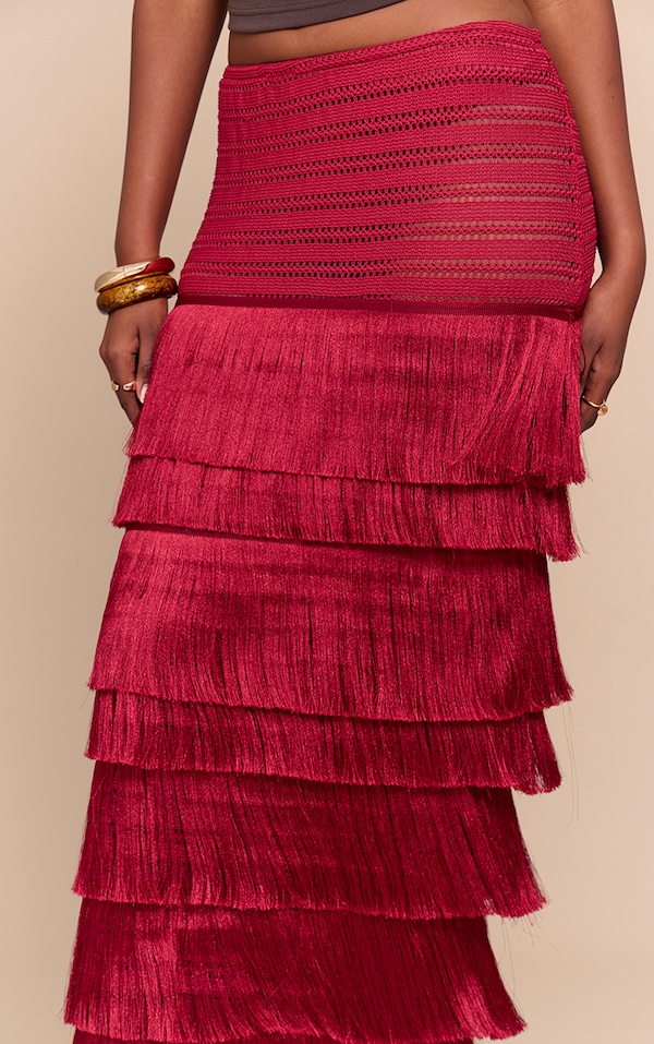 Deep Red Textured Tassel Trimmed Maxi Skirt | Bottoms | PLT