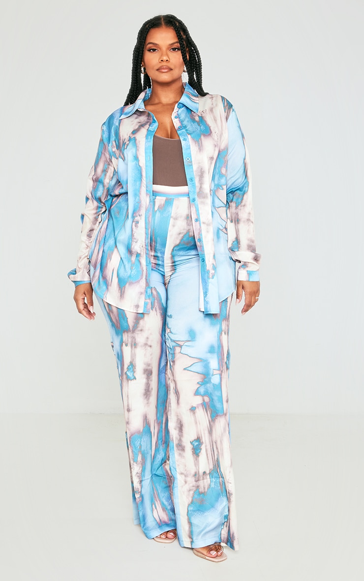 Plus Blue Texture Print Oversized Shirt | PrettyLittleThing USA