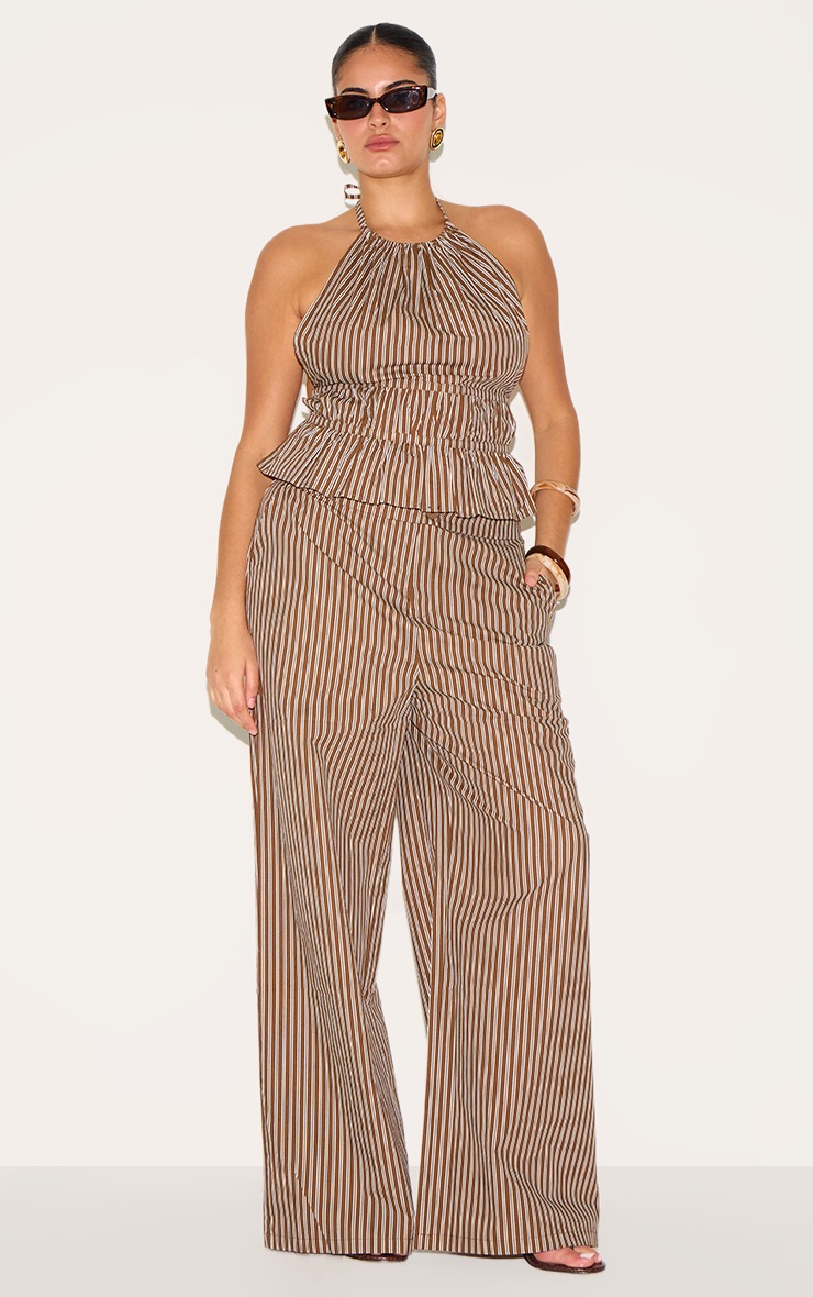 Plus Brown Stripe Backless Halterneck Woven Top | Plus Size | PLT