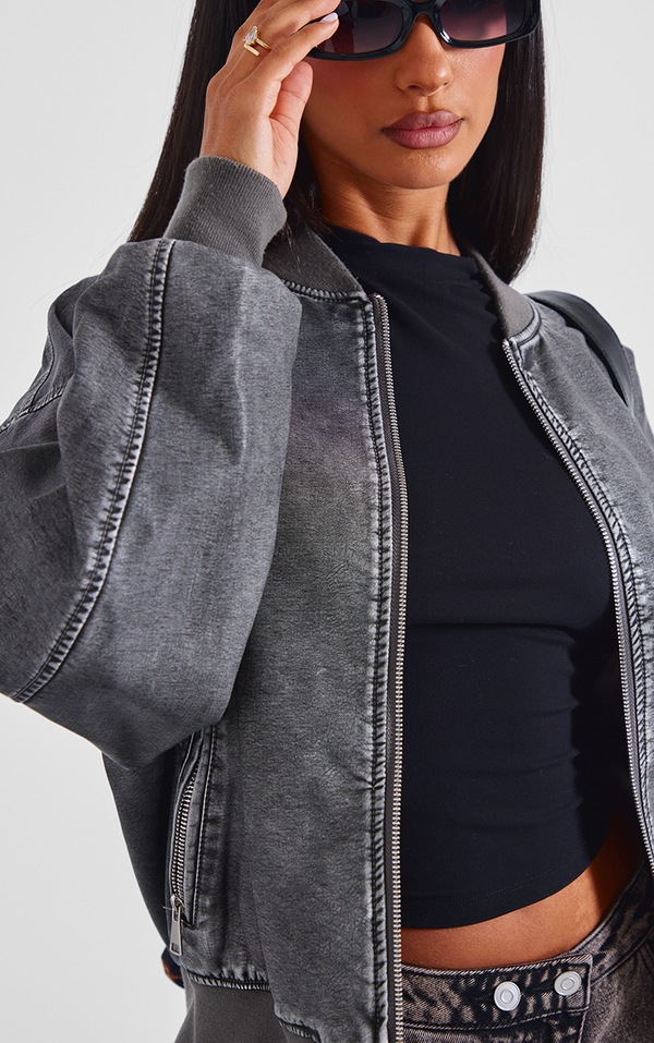 Petite Washed Grey Distressed PU Bomber Jacket | Petite ...