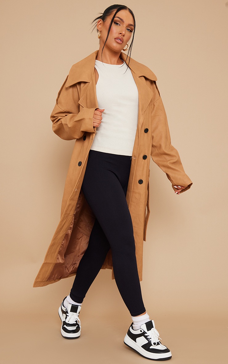 Camel Faux Leather Drop Arm Midi Trench | Outerwear | PLT