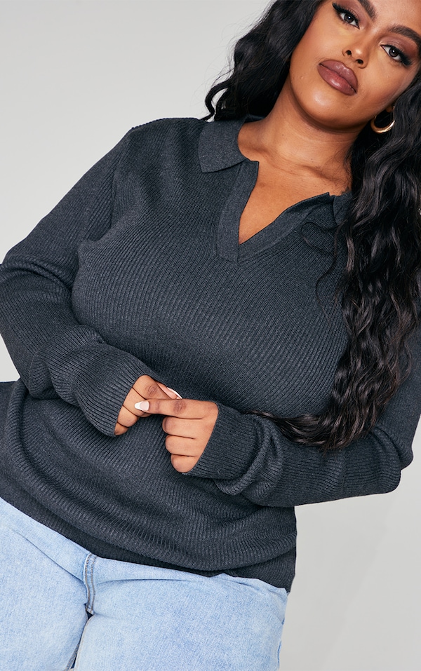 Plus Charcoal Rib Knitted Long Sleeve Collar Top | PrettyLittleThing AUS