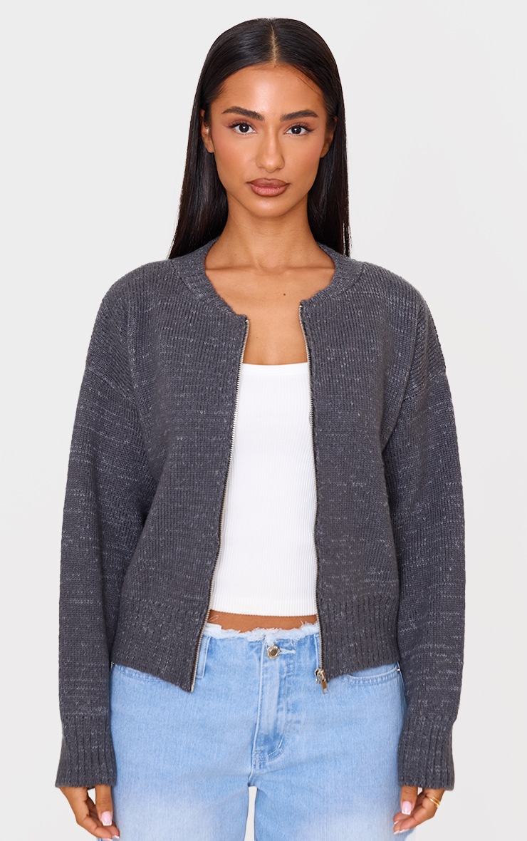 Petite Charcoal Knitted Zip Up Cardigan | Petite | PLT