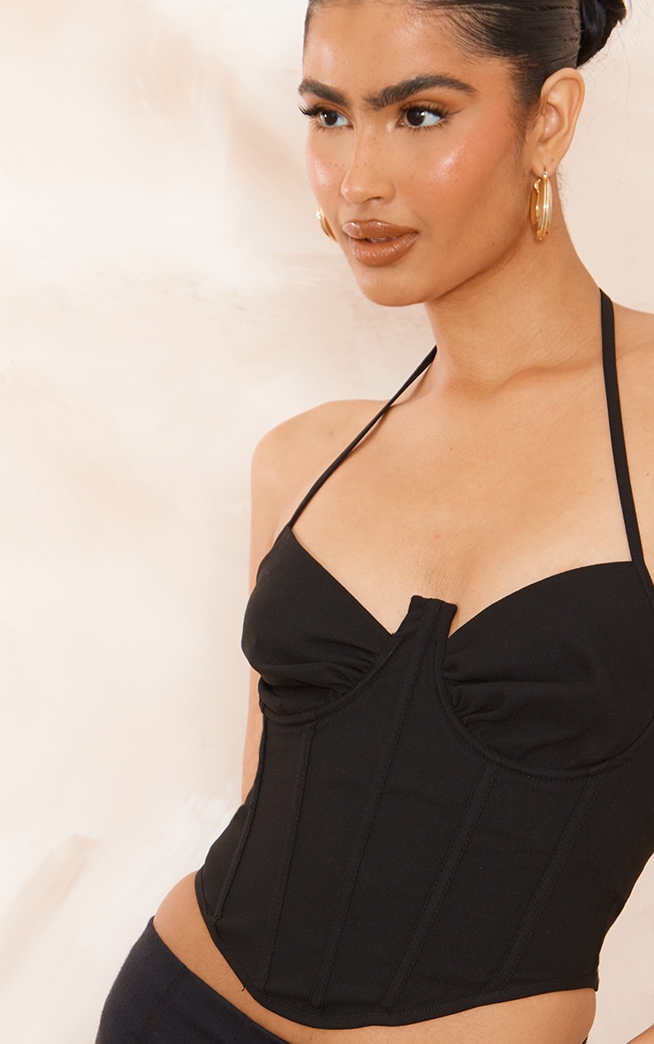 Deep Black Tailored Stretch Woven Halter Corset | PrettyLittleThing AUS