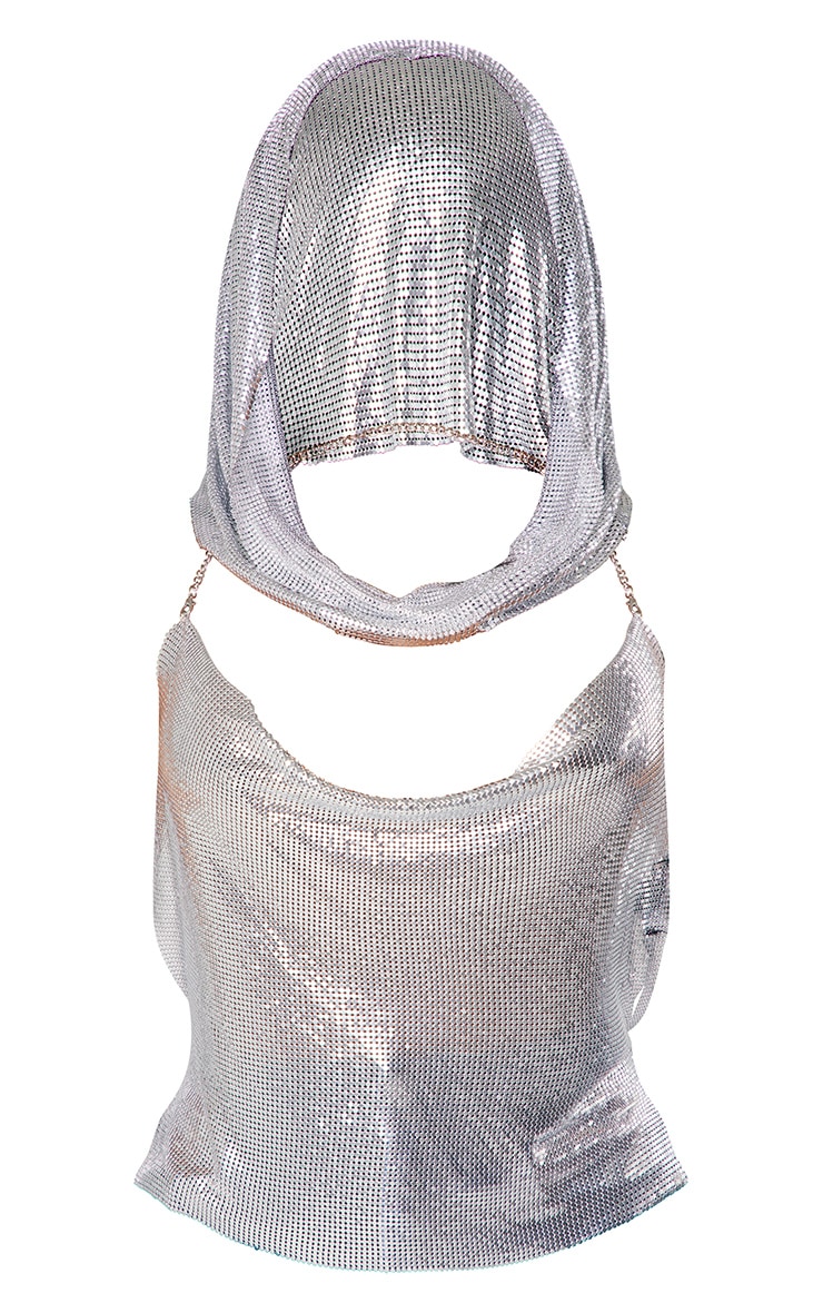Shape Silver Chainmail Hooded Cowl Top | PrettyLittleThing USA