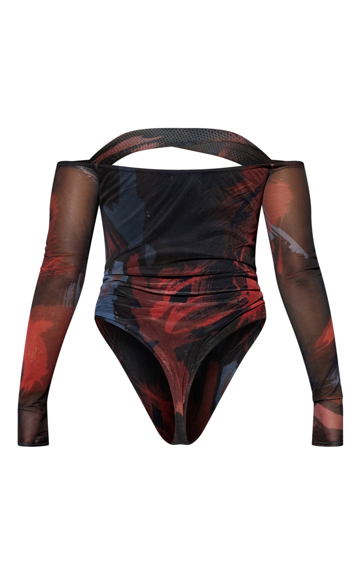 Red Printed Mesh Cut Out Bardot Bodysuit | Tops | PLT