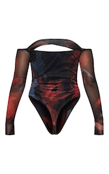 Red Printed Mesh Cut Out Bardot Bodysuit | PrettyLittleThing