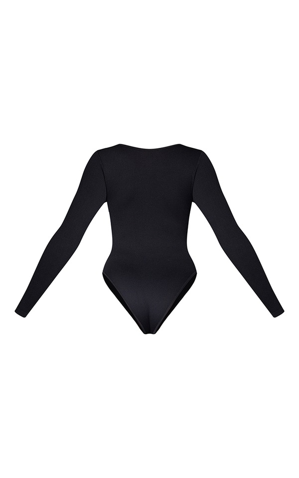 Black Snatched Rib Scoop Neck Bodysuit | Tops | PrettyLittleThing