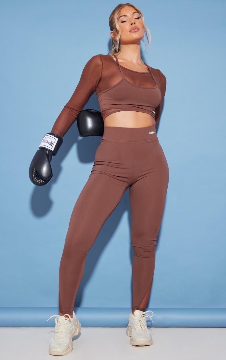 Brown Mesh Strappy Sports Crop Top | PrettyLittleThing USA