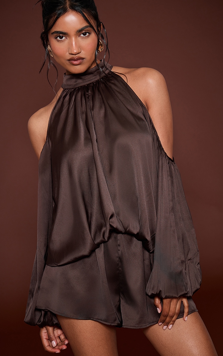 Chocolate High Neck Cold Shoulder Playsuit | Dresses | PLT