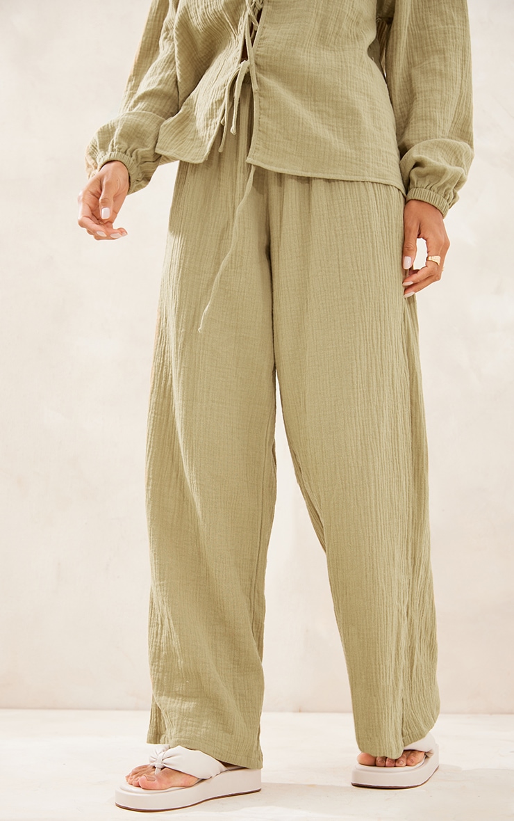 Sage Khaki Textured Cheesecloth Wide Leg Pants | PrettyLittleThing USA