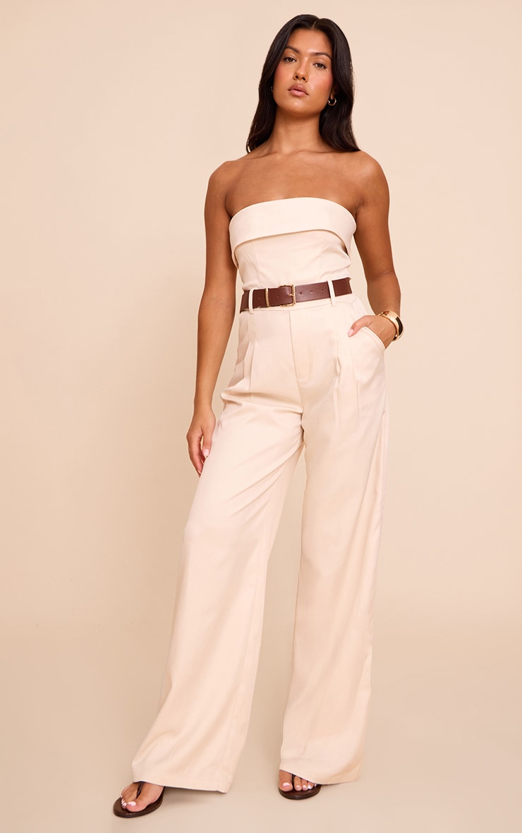 Cream Woven Bandeau Belted Wide Leg Jumpsuit | Jumpsuits & Playsuits | PrettyLittleThing AUS