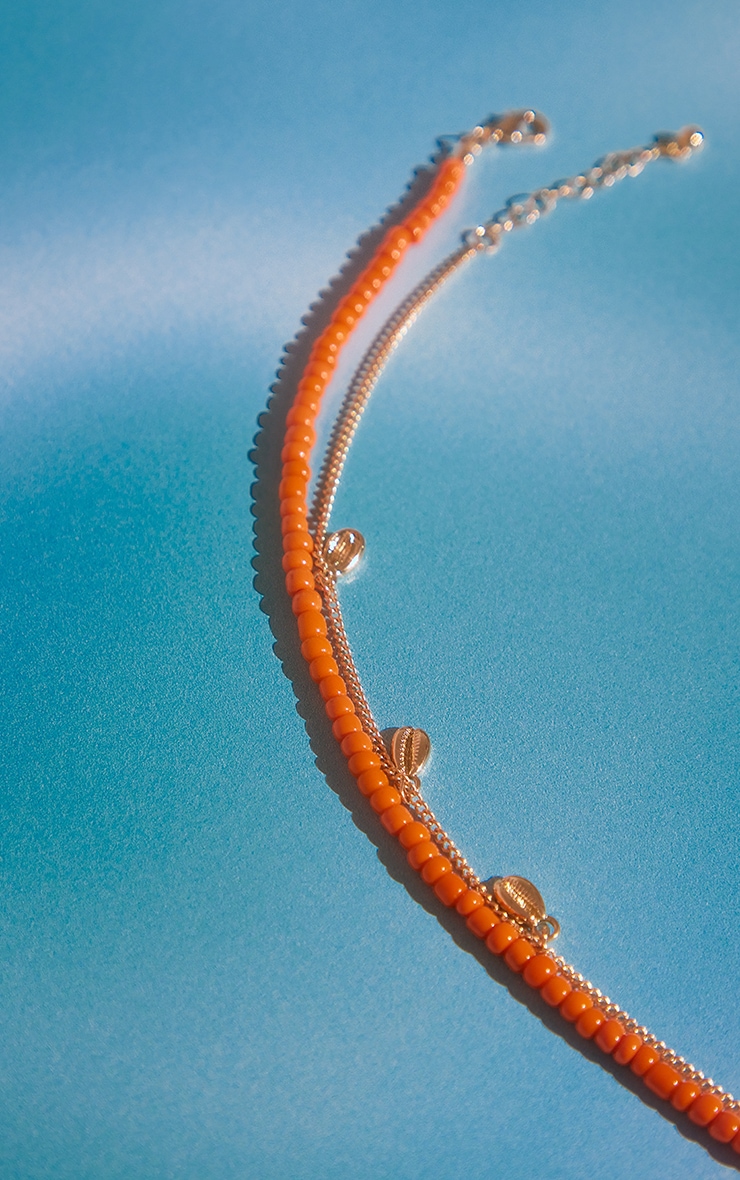 Bright Orange Shell Beaded Layered Anklet | PrettyLittleThing USA
