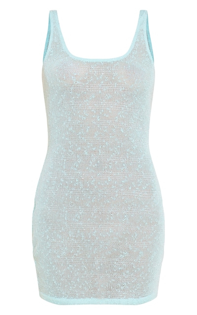 Pale Blue Sequin Sheer Racer Neck Mini Dress | Dresses | PLT