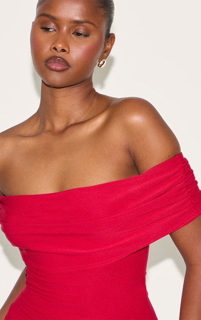 Tomato Red Bardot Fold Over Top | Tops | PrettyLittleThing USA
