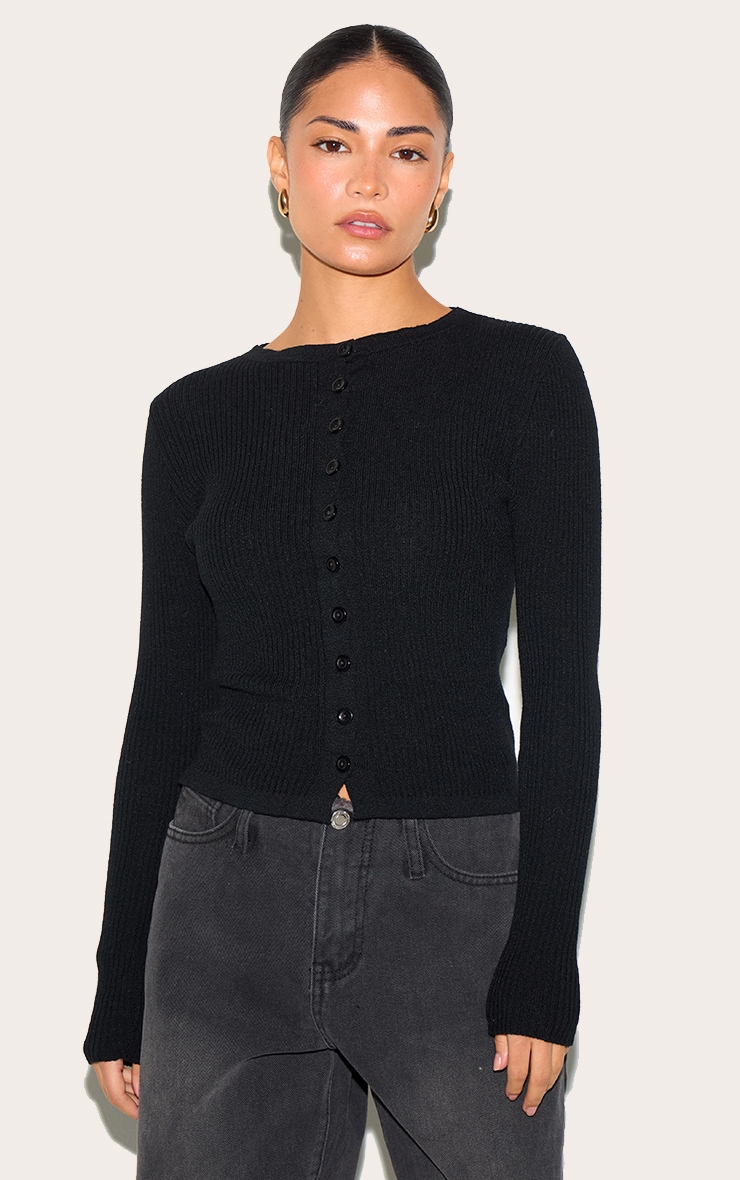 Petite Black Rib Knit Fitted Cardigan | Petite | PrettyLittleThing