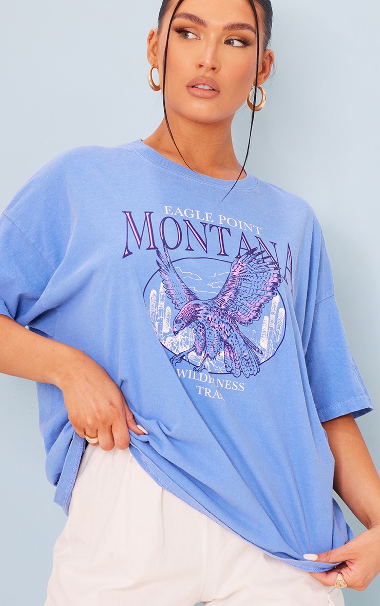 Washed Blue Montana Logo Oversized Washed T Shirt | Tops | PLT USA
