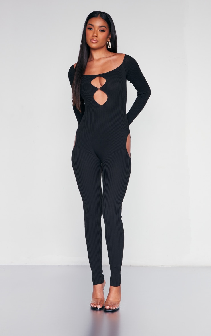 Black Cut Out Side Rib Knit Jumpsuit | PrettyLittleThing IE