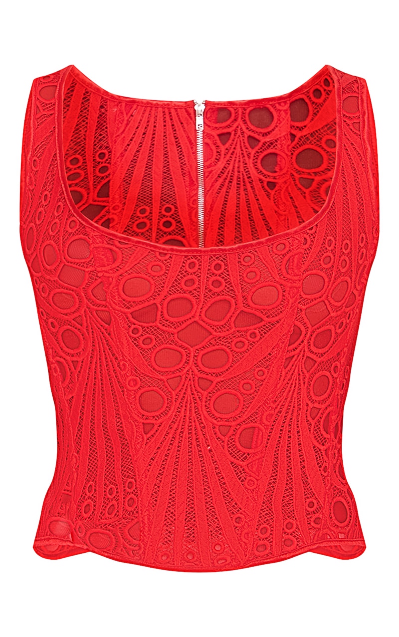 Tomato Red Textured Floral Square Neck Corset | Tops | PLT