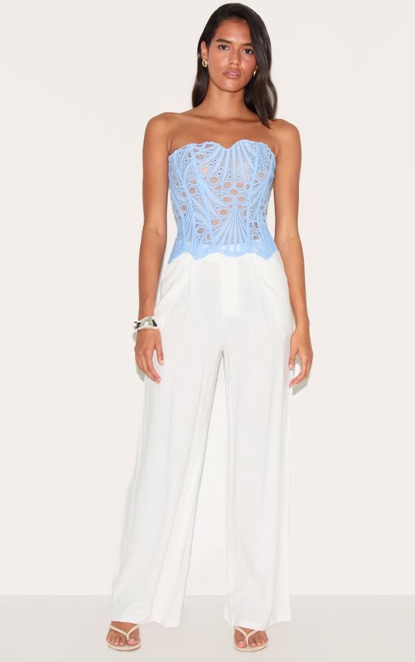 Sky Blue Textured Sheer Floral Lace Corset | Tops | PrettyLittleThing USA