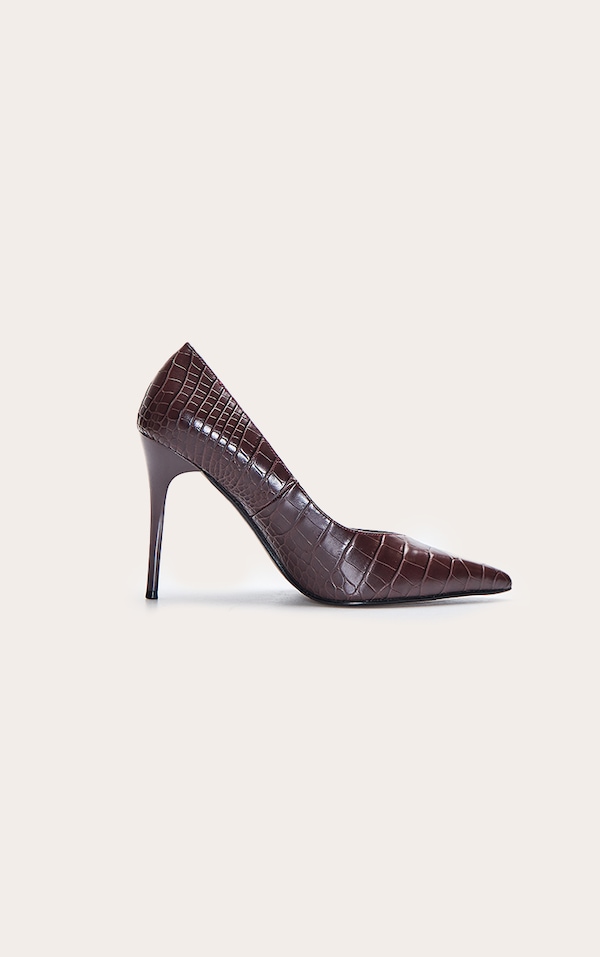 Chocolate Croc Pointed Toe Court Shoe | Footwear | PLT