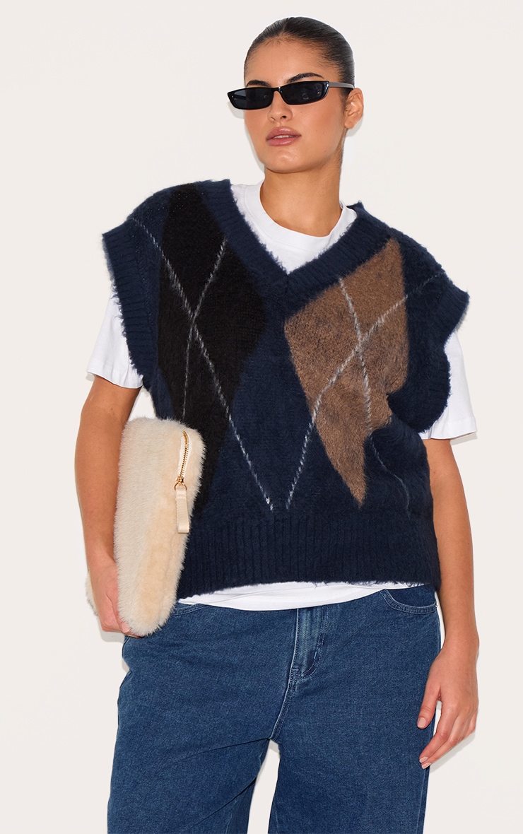 Plus Navy Checkered Knitted Sweater Vest | Plus Size ...