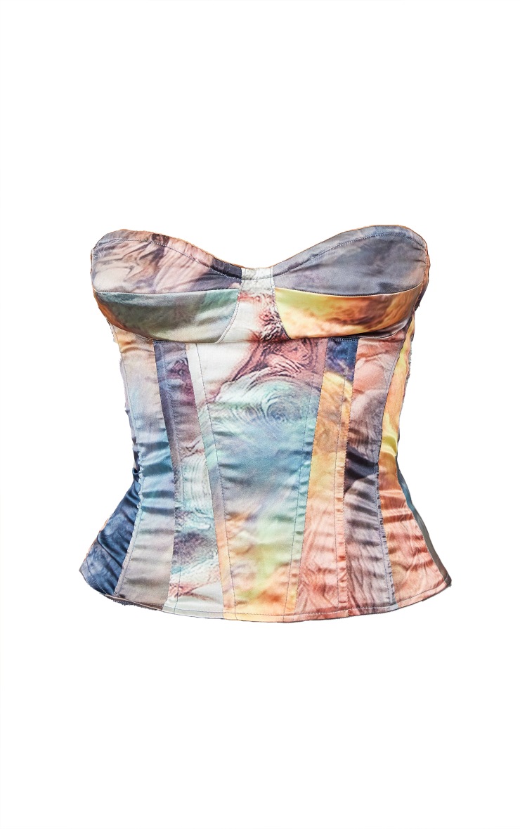 Petite Blue Renaissance Print Satin Corset | PrettyLittleThing IE