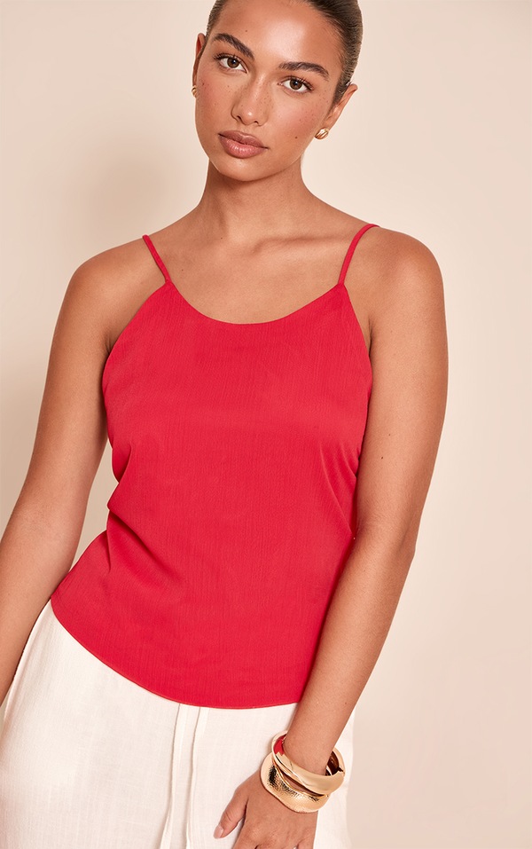 Tomato Red Chiffon Gold Back Trim Cami | Tops | PLT USA