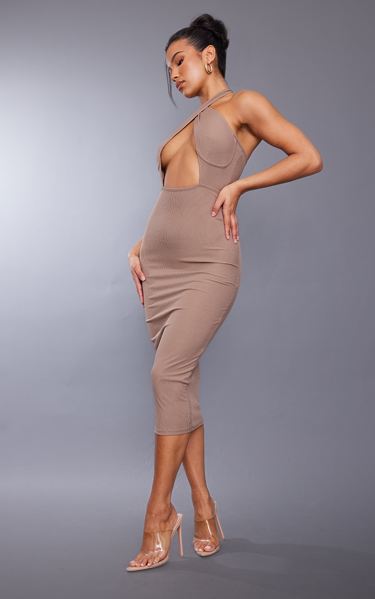 Mocha Ribbed Cross Bust Detail Midi Dress Dresses Prettylittlething