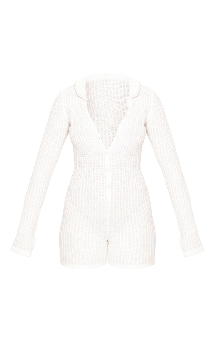 Cream Textured Laddered Button Long Sleeve Unitard | PrettyLittleThing