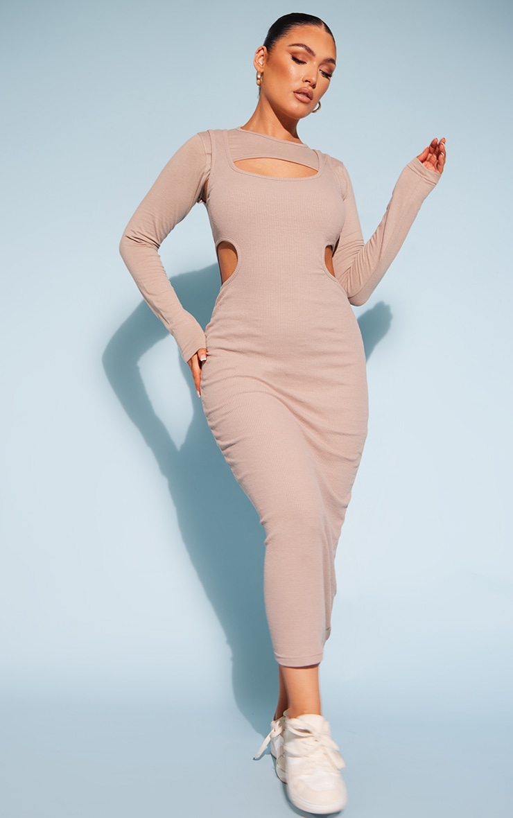 Mocha Rib Contrast Cut Out Midaxi Dress | Dresses | PrettyLittleThing CA