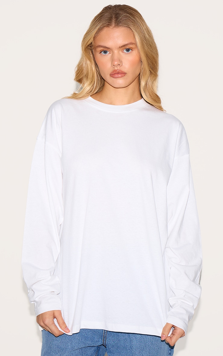 White Cotton Oversized Long Sleeve T-Shirt | Tops | PrettyLittleThing USA