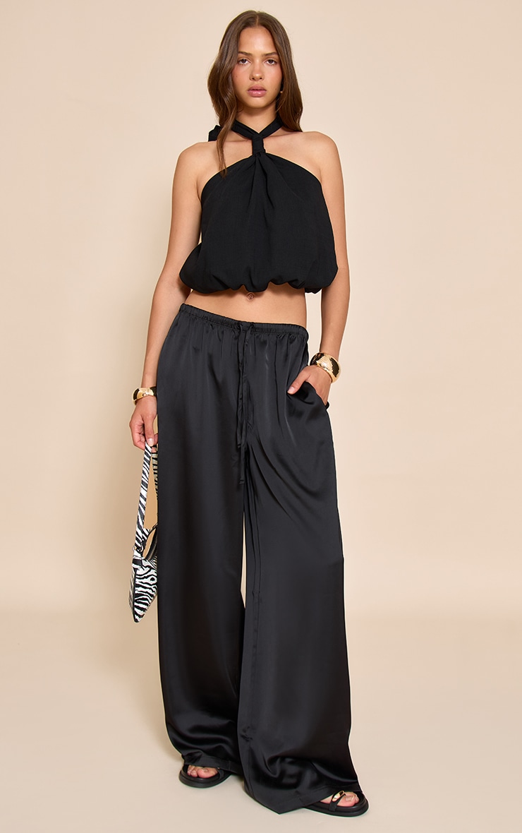 Black Satin Wide Leg Drawstring Trousers | Bottoms | PLT