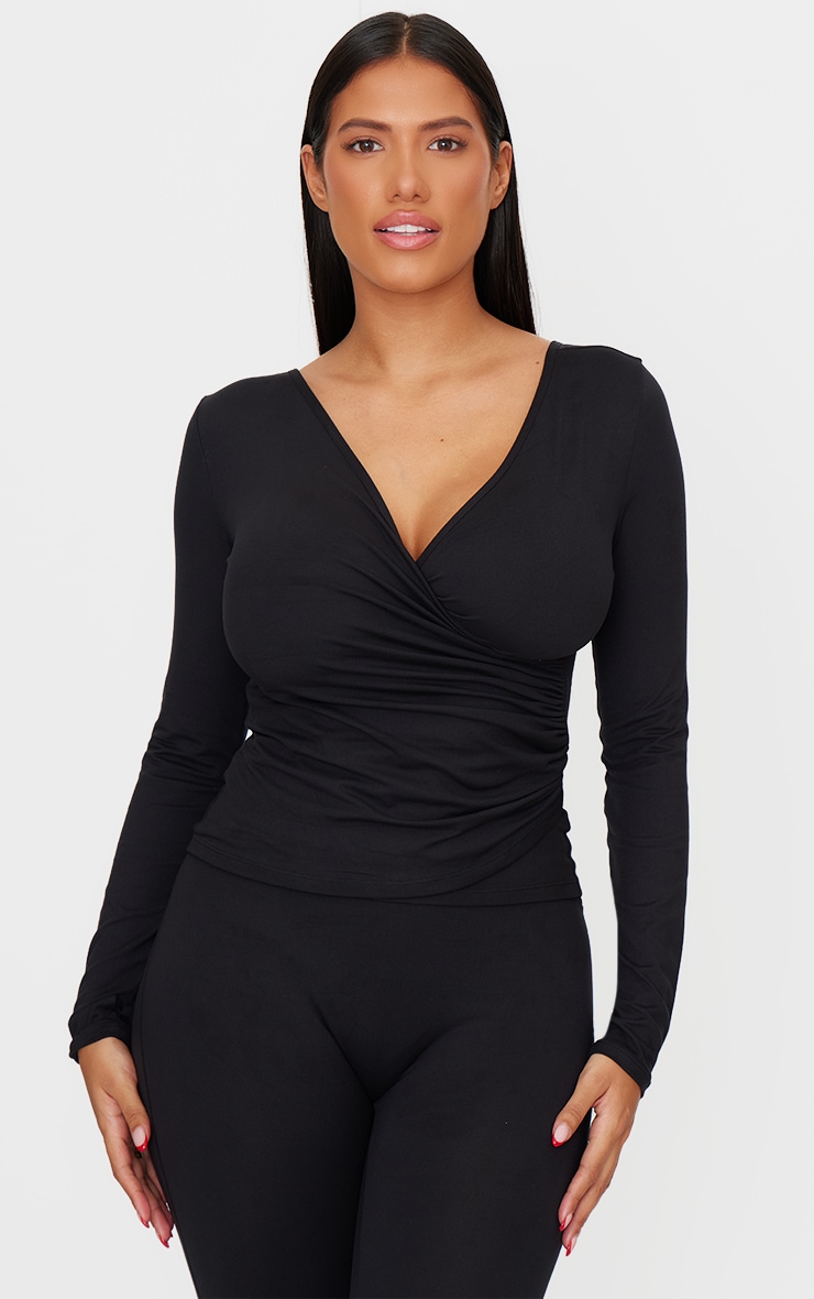 Shape Black Sculpt Long Sleeve Wrap Front Top | Shape | PrettyLittleThing IRE