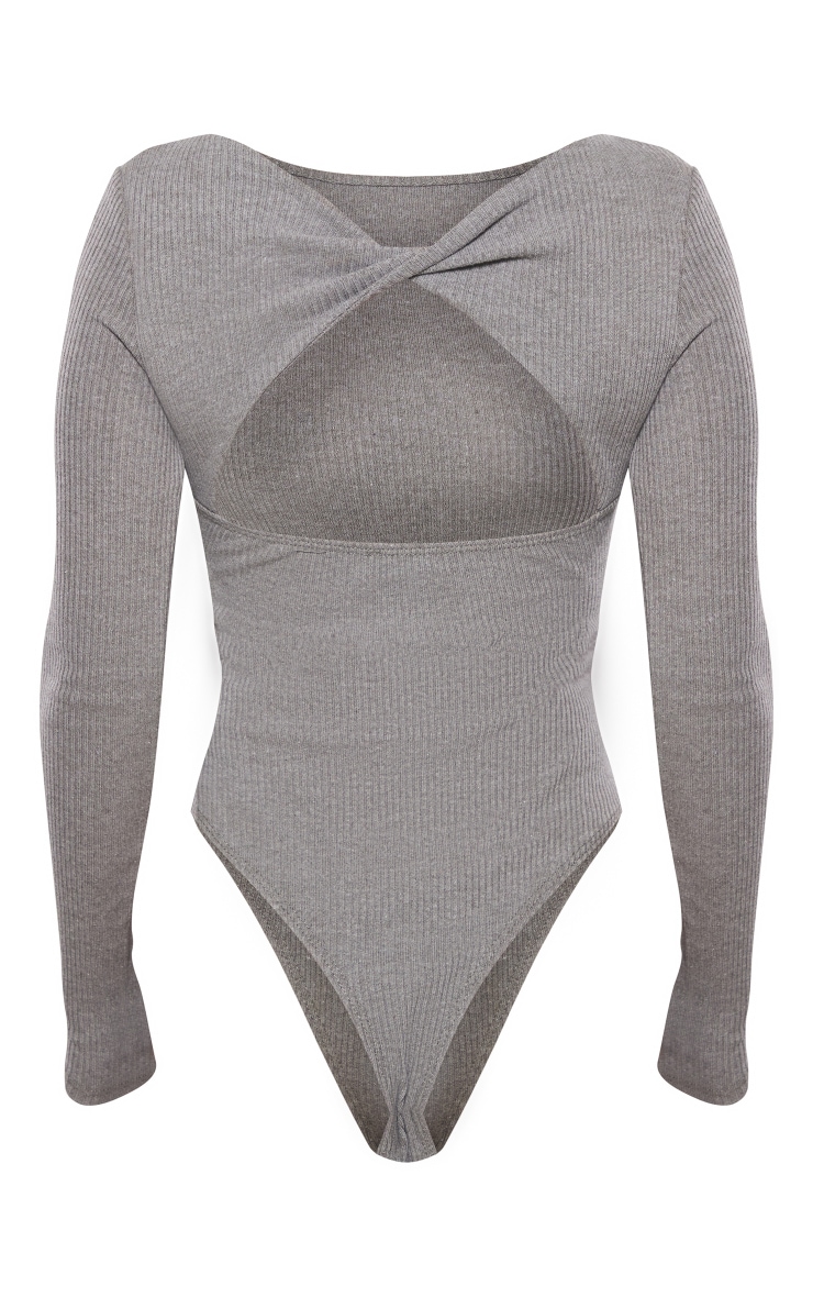Khaki Marl Rib Twist Back Long Sleeve Bodysuit | PrettyLittleThing AUS