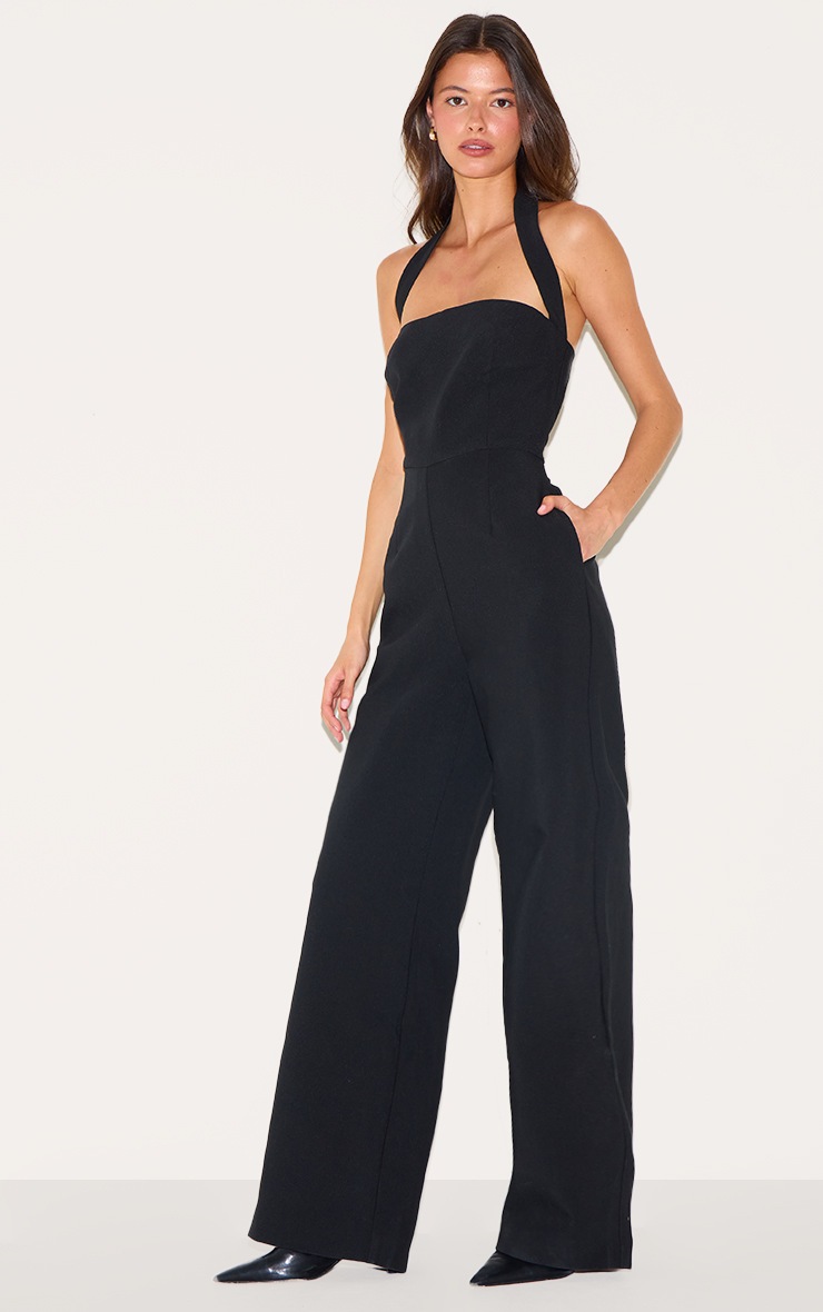 Black Woven Halterneck Straight Leg Jumpsuit | Jumpsuits & Playsuits | PrettyLittleThing AUS