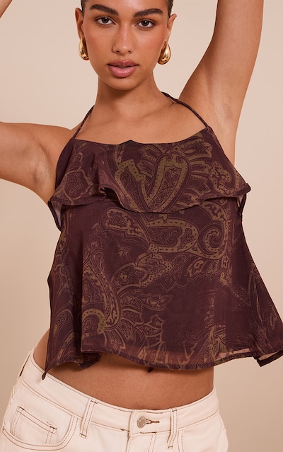 Brown Paisley Print Chiffon Halter Cami Top | Tops | PLT