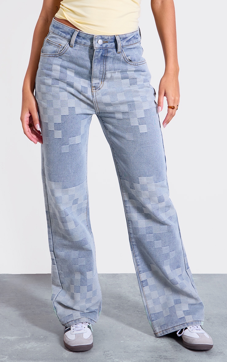 Grey Faded Digital Checkerboard Denim Jeans | Denim | PrettyLittleThing USA