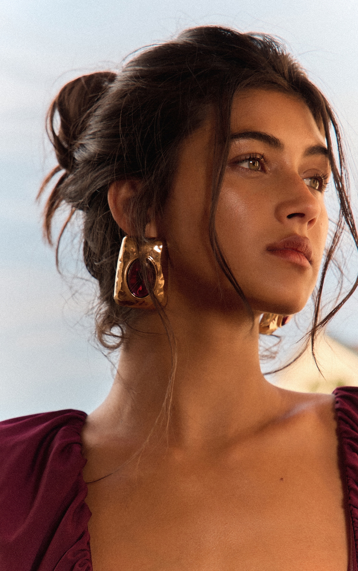 Burgundy Resin Gold Textured Statement Stud Earrings | Accessories ...