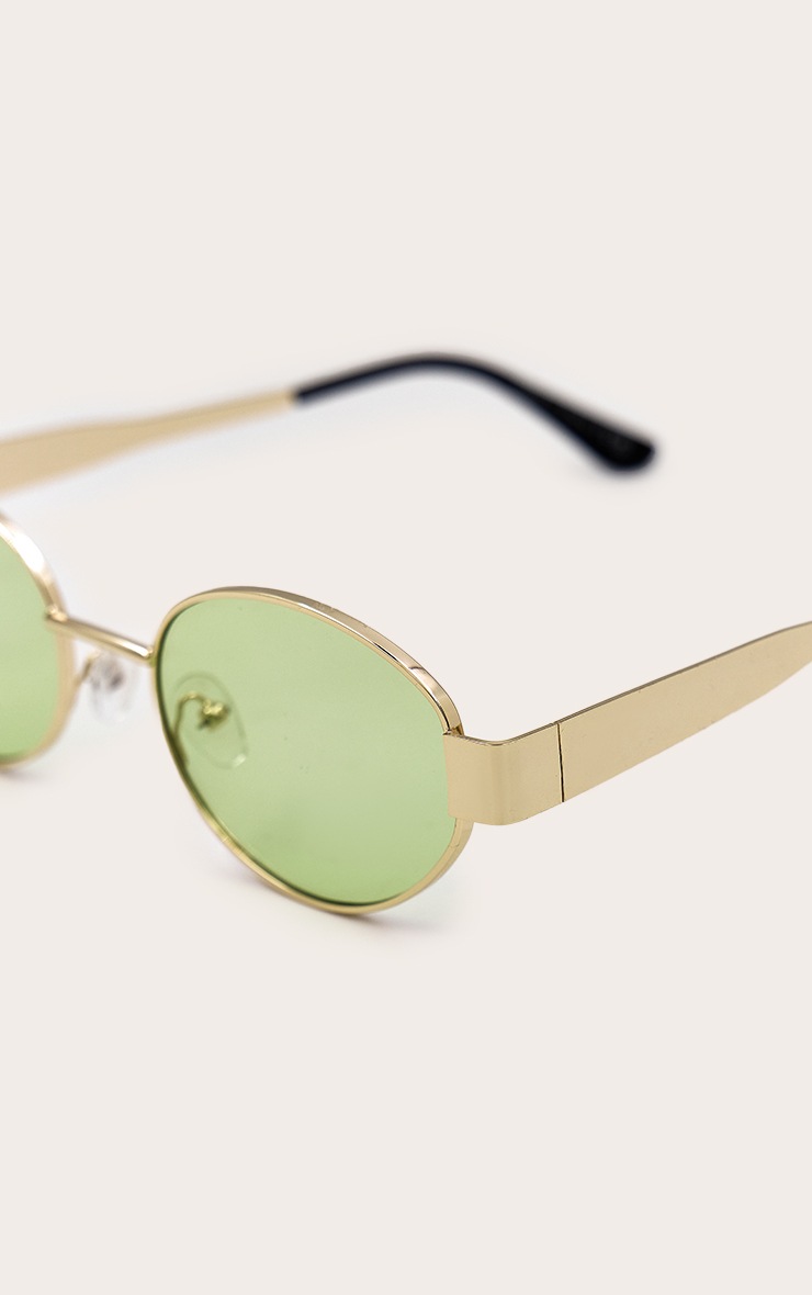 Gold Metal Frame Green Lens Round Sunglasses | Accessories | PLT