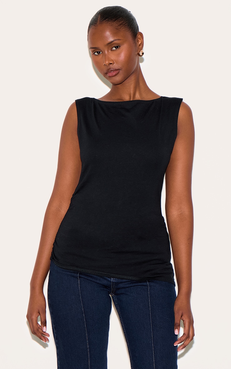 Black Cotton Straight Neck Long Top | Tops | PrettyLittleThing