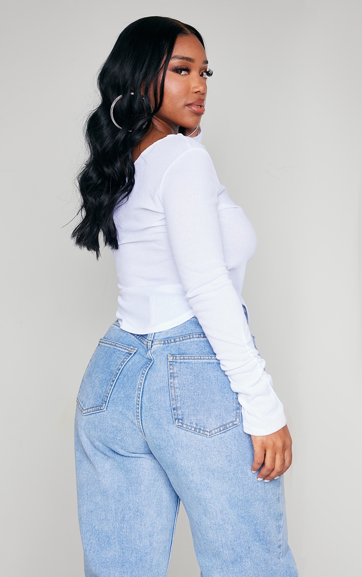 Shape White Rib Bardot Ruched Sleeve Long Top | PrettyLittleThing AUS