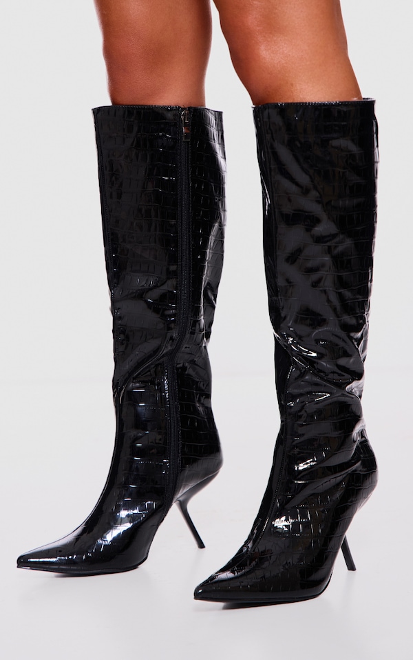 Black Croc Point Toe Slanted Heel Knee High Boots | Footwear ...