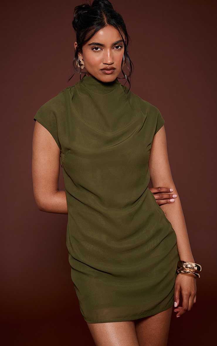 Khaki Chiffon Cap Sleeve Mini Dress | Dresses | PrettyLittleThing CA