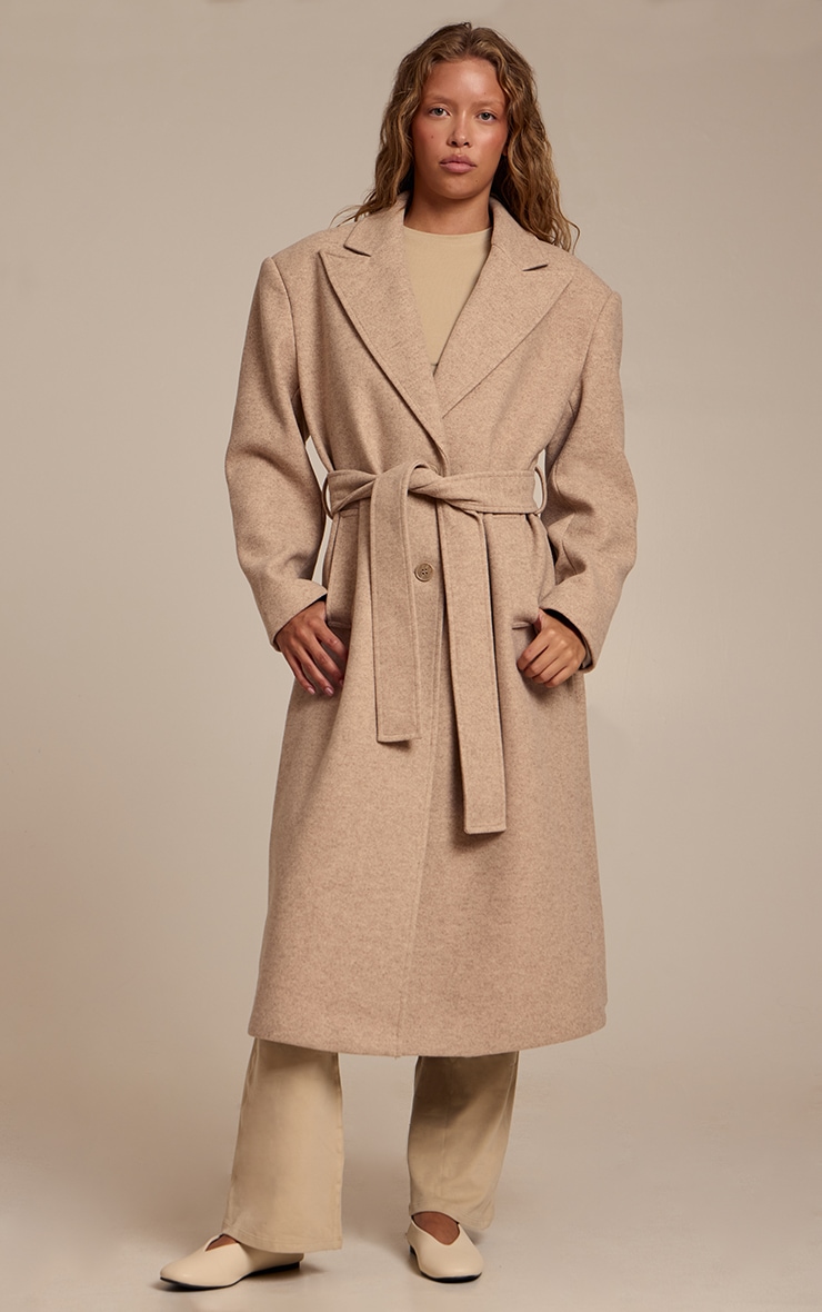 Oat Single Breasted Self Tie Wool Look Maxi Coat | Outerwear | PLT