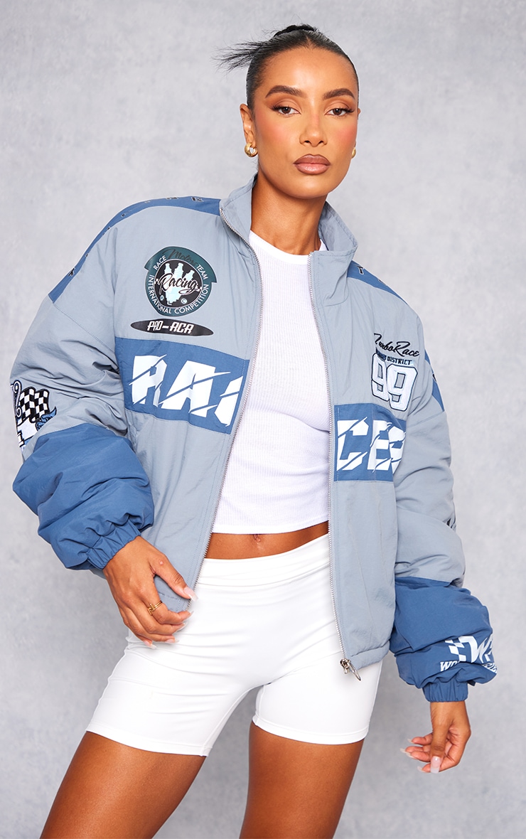 Blue Nylon Racer Front Oversized Bomber Jacket | PrettyLittleThing