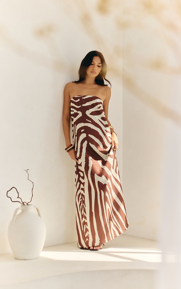 Tan Zebra Abstract Print Woven Bandeau Maxi Dress | Dresses ...