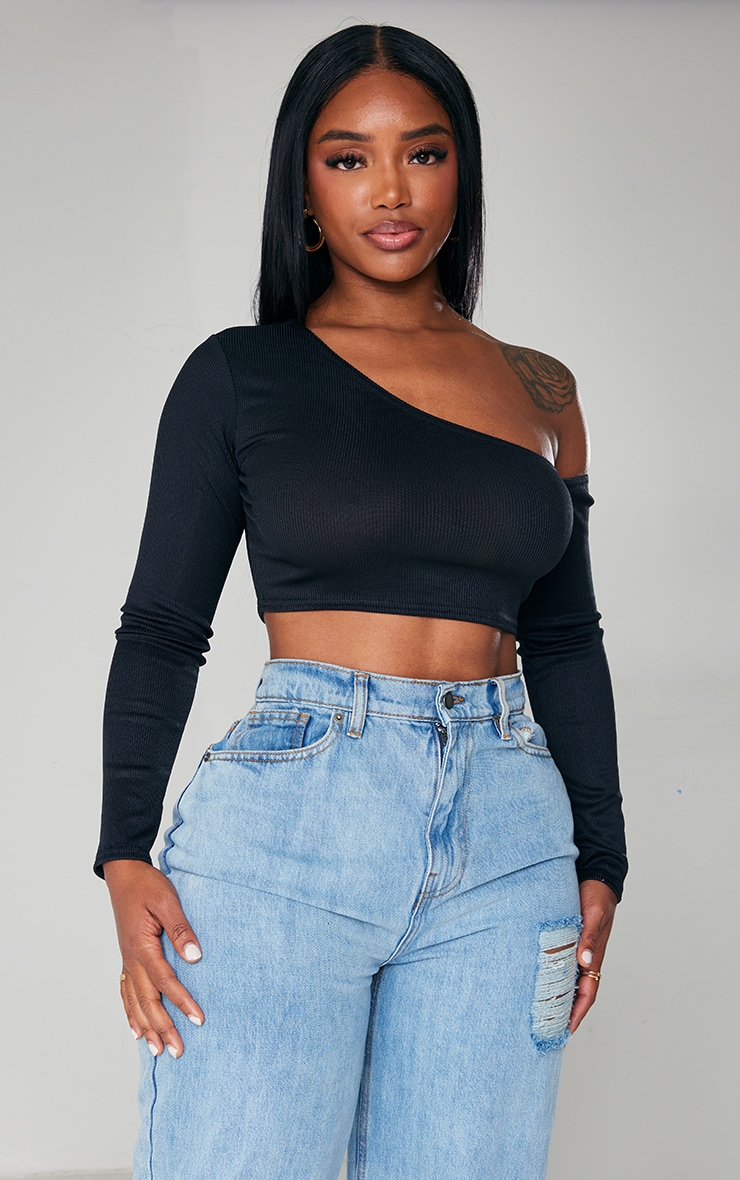Shape Black Rib Asymmetric Sleeve Crop Top | Shape | PLT